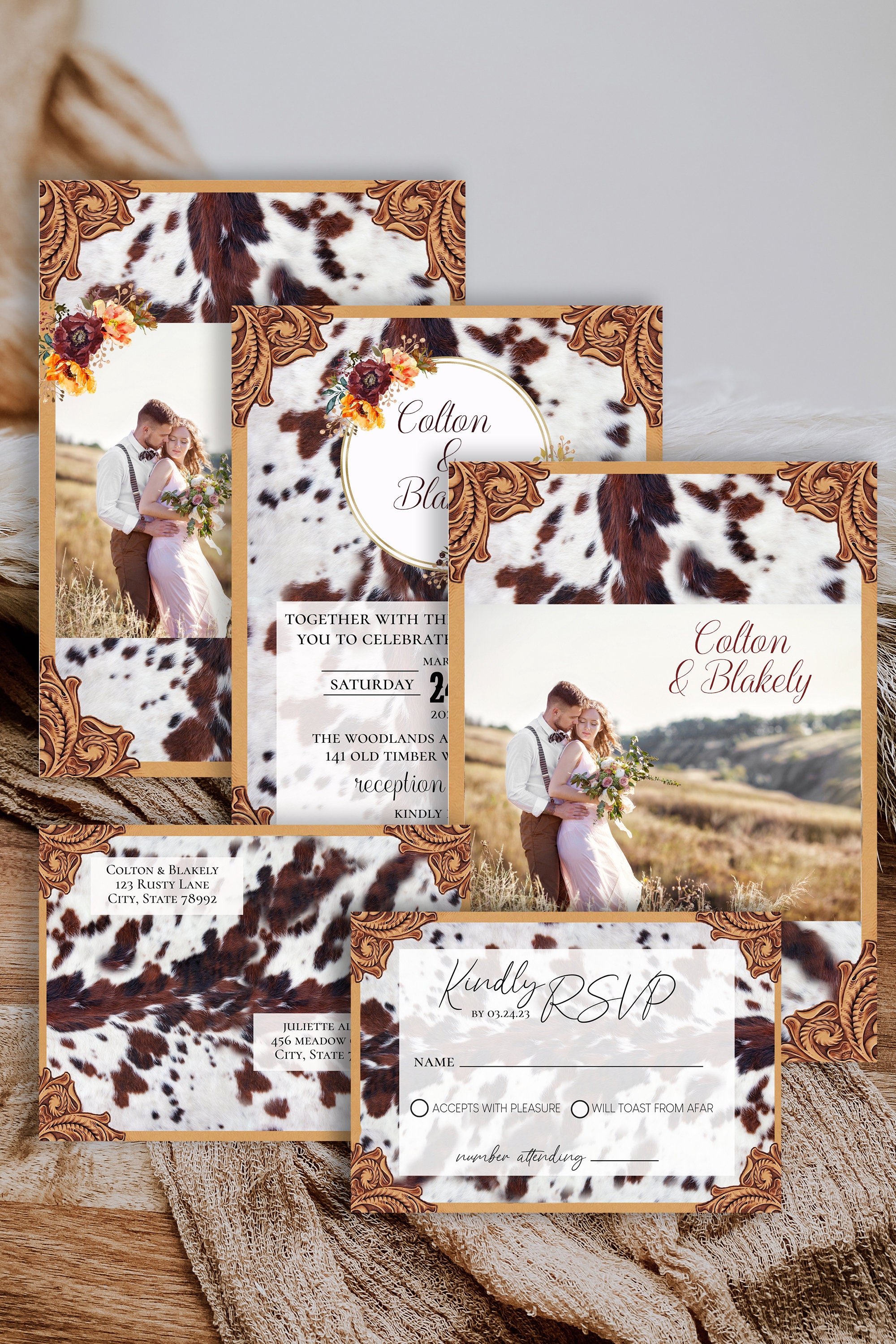 Rustic Wedding Invitation Western Invitation Tooled Leather Cowhide Cow ...
