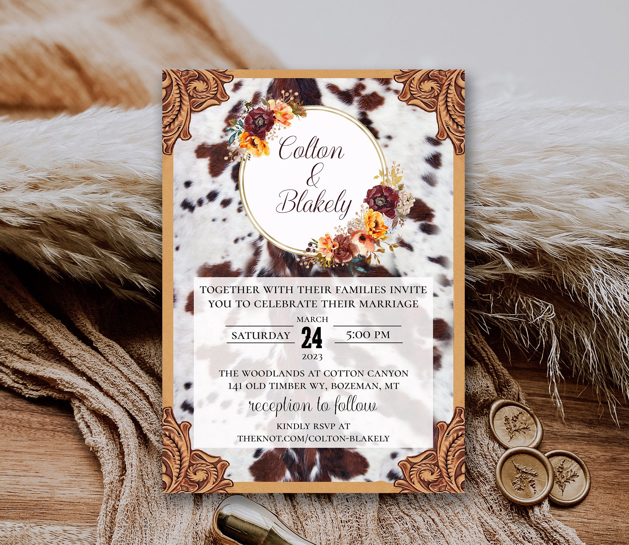 Rustic Wedding Invitation - Photo Invitation - Tooled Leather - Cowhide ...