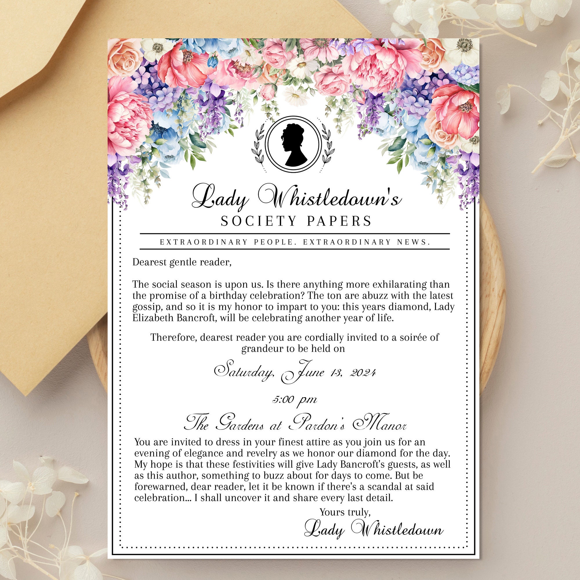 Bridgerton Party Invitation - Tea Party - Lady Whistledown - Society ...