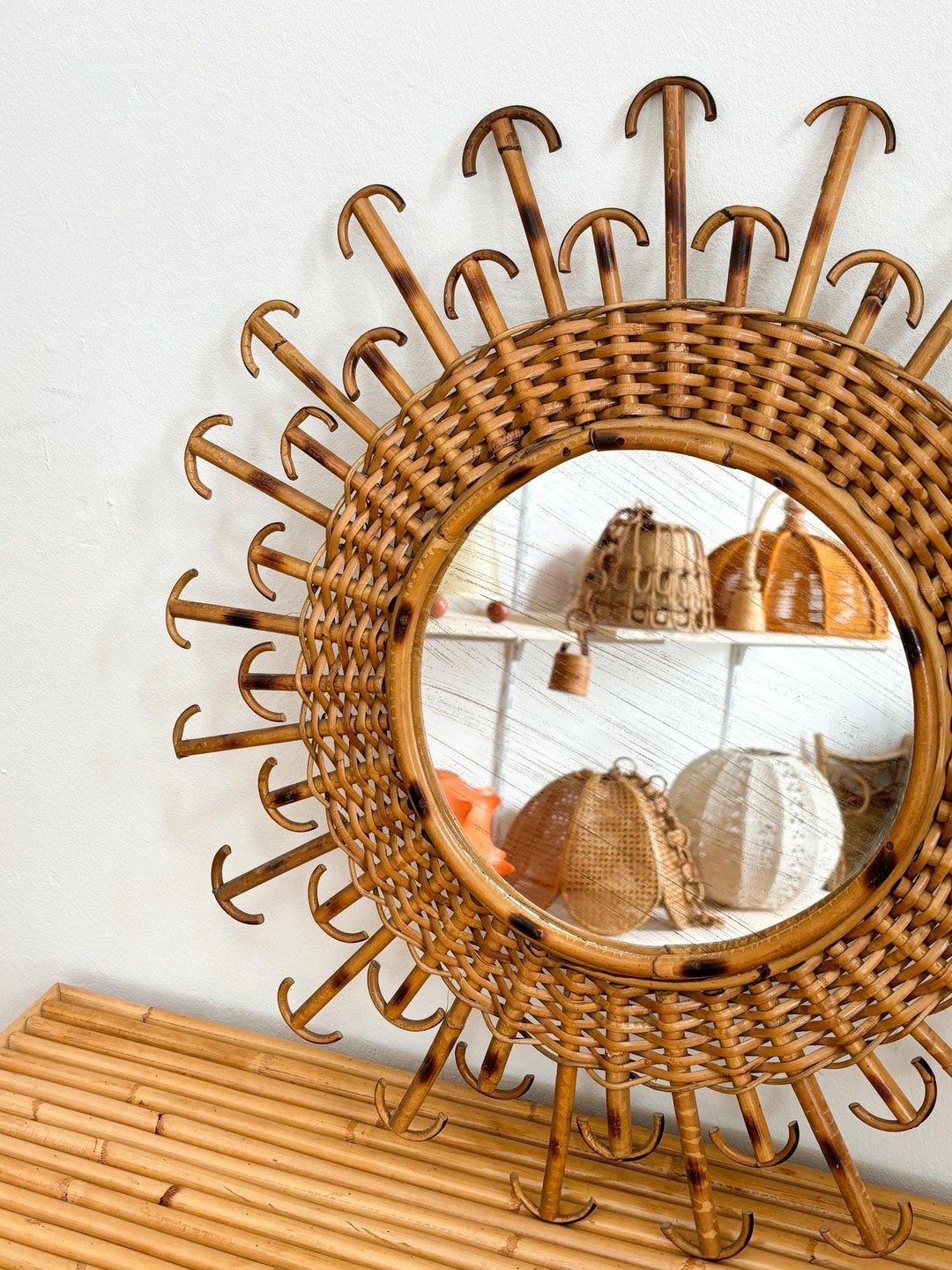 Vintage Rattan Sun Mirror, Mirror, Shell Sconce, Bamboo Mirror ...