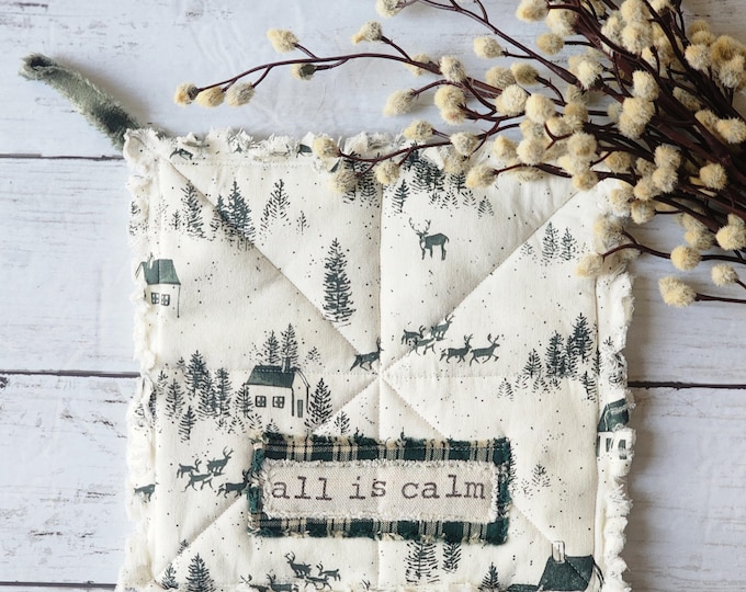 Boho Christmas Winter Pot Holder Set of 2, Rag Quilted Trivet, Neutral ...