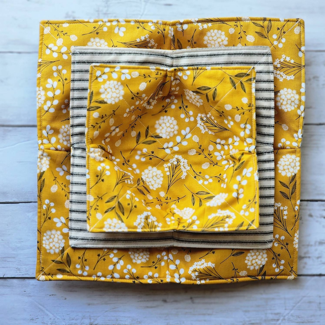 Cozy Gift Set, Mustard Floral Bowl Cozy, Plate Cozies, Dinner Plate ...