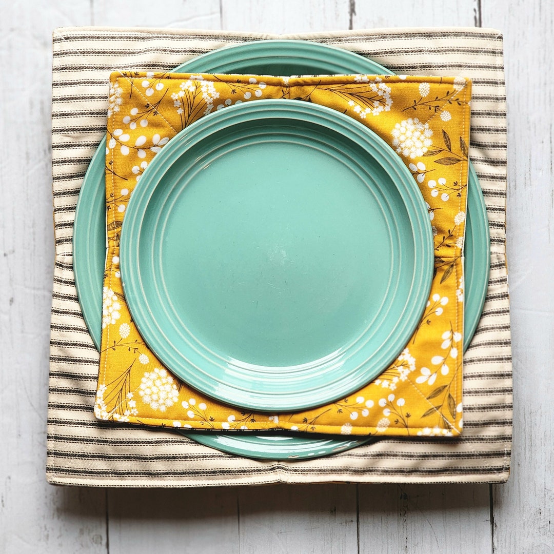 Mustard Floral Plate Cozies, Ticking Stripe Set of 2 Reversible, Hot ...