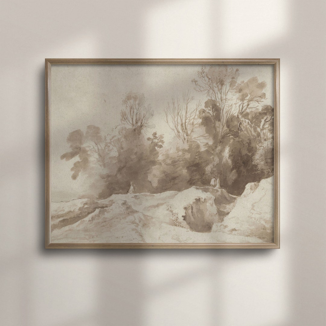 Antique Sepia Landscape Artwork, Neutral Wall Decor, Vintage Watercolor ...