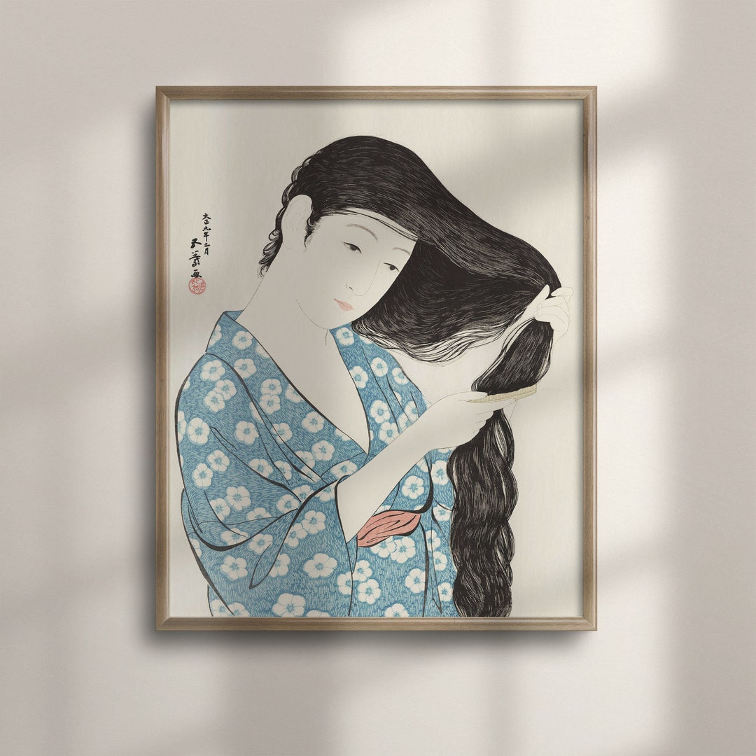 Hashiguchi Goyo, Woman in Blue Combing Her Hair 1920, Ukiyo-e Fine Art ...