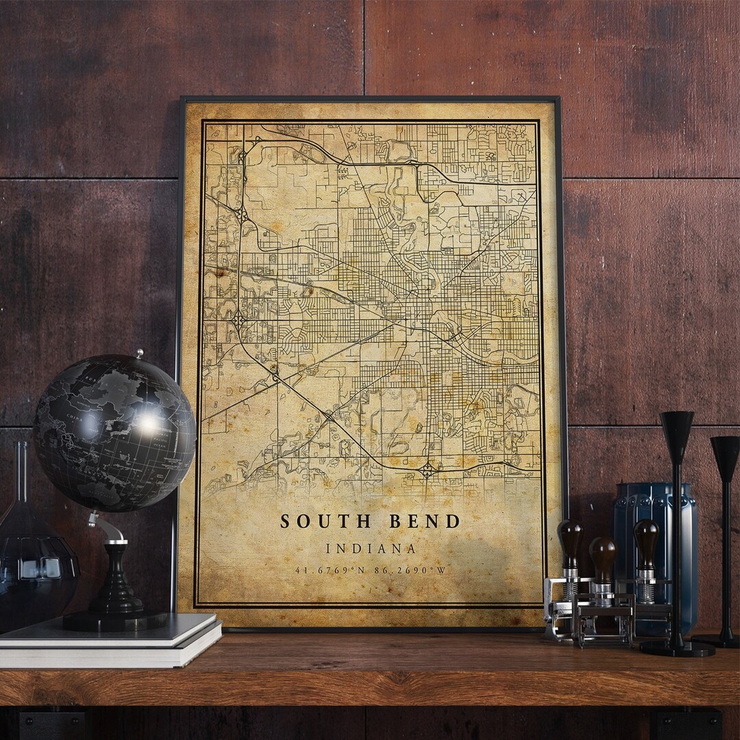 South Bend Vintage Map Poster Wall Art | City Artwork Print | Antique ...