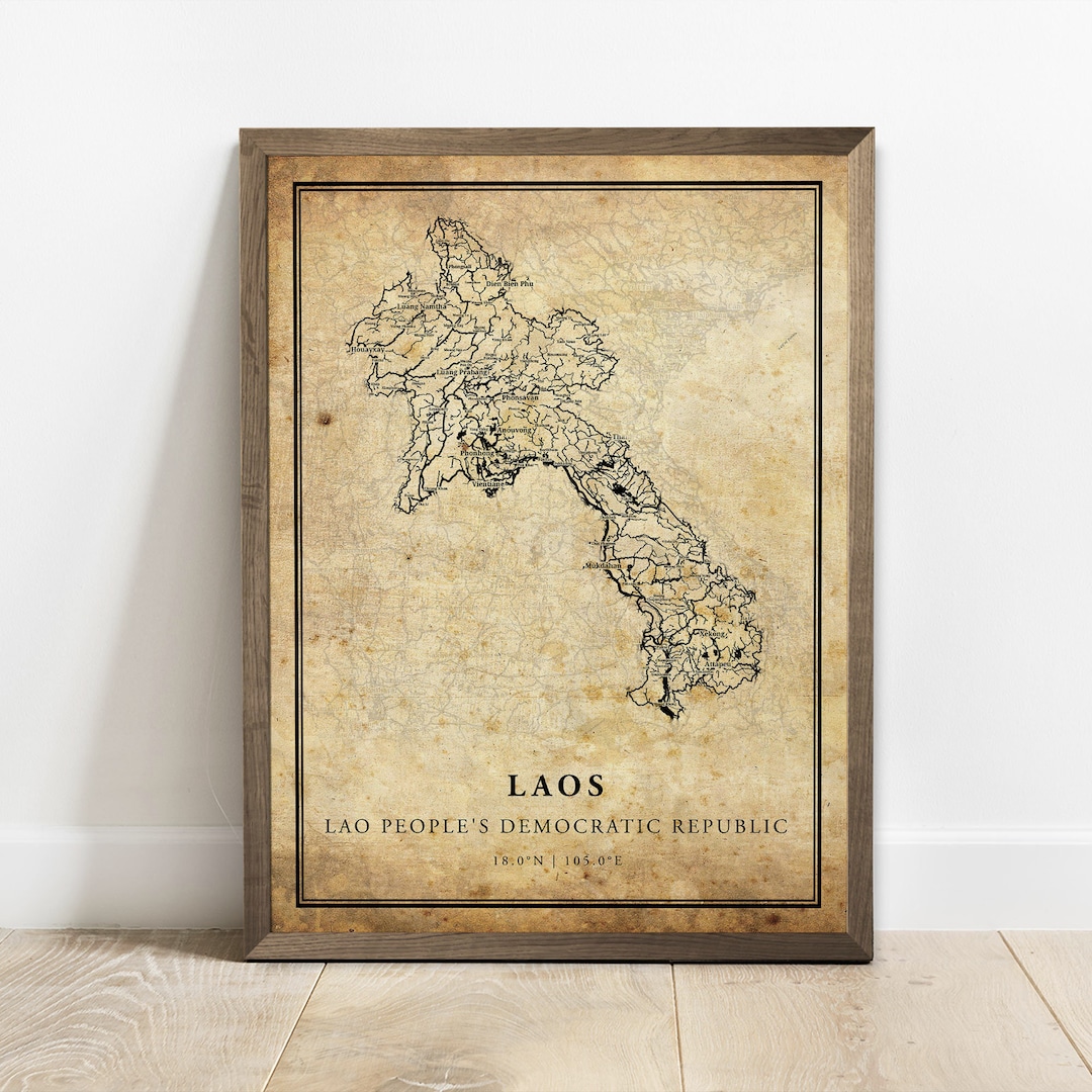 Laos Vintage Map Poster Print, Country Street Road Map Wall Art ...