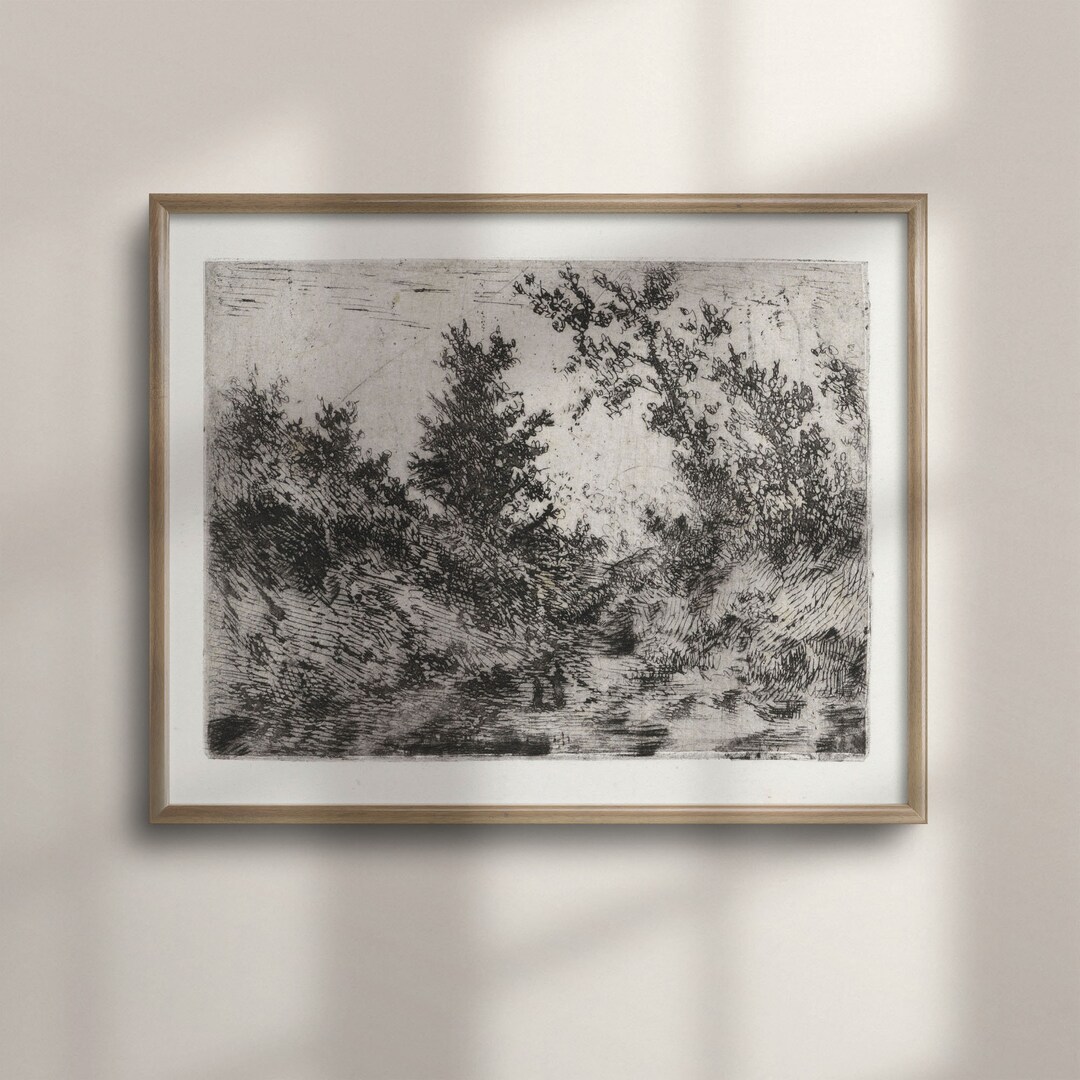 Antique Forest Sketch, Vintage Etching Print, Fine Art Poster, Black ...