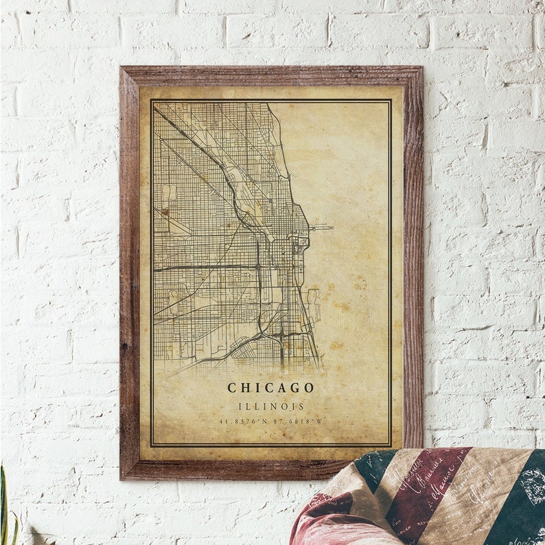 Chicago Vintage Map Poster Wall Art City Artwork Print | Etsy