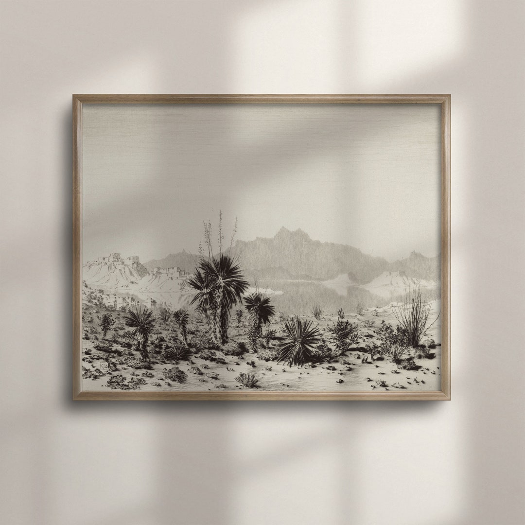 Vintage Yucca Cactus Desert Landscape Art, Arizona Mountains Wall Decor ...