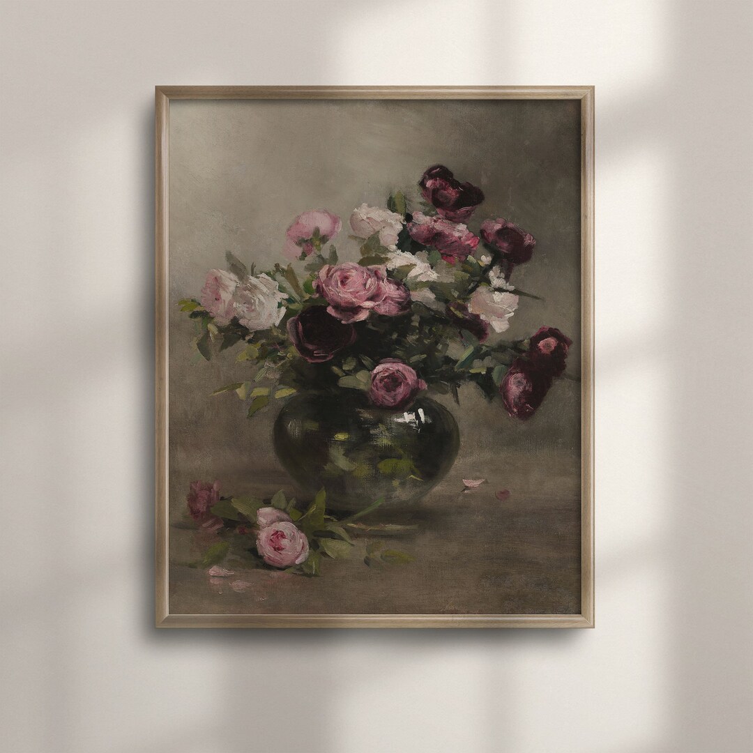 Vintage Pink Roses Art Print, Classic Floral Still Life Painting ...