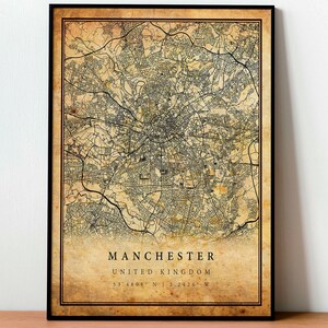Manchester Vintage Map Poster Wall Art | City Artwork Print | Antique ...