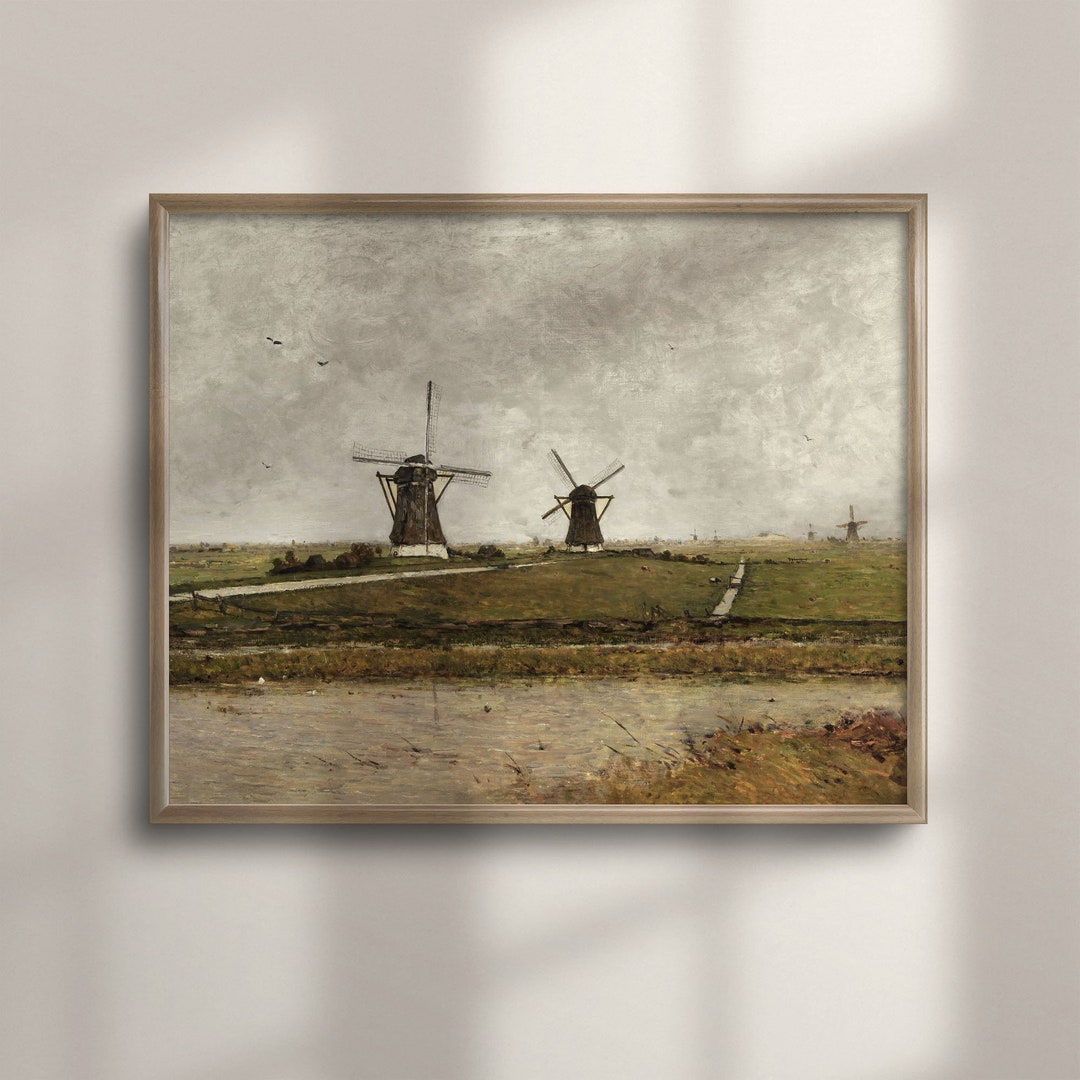 Vintage Dutch Windmill Landscape Art, Antique Holland Countryside Oil ...