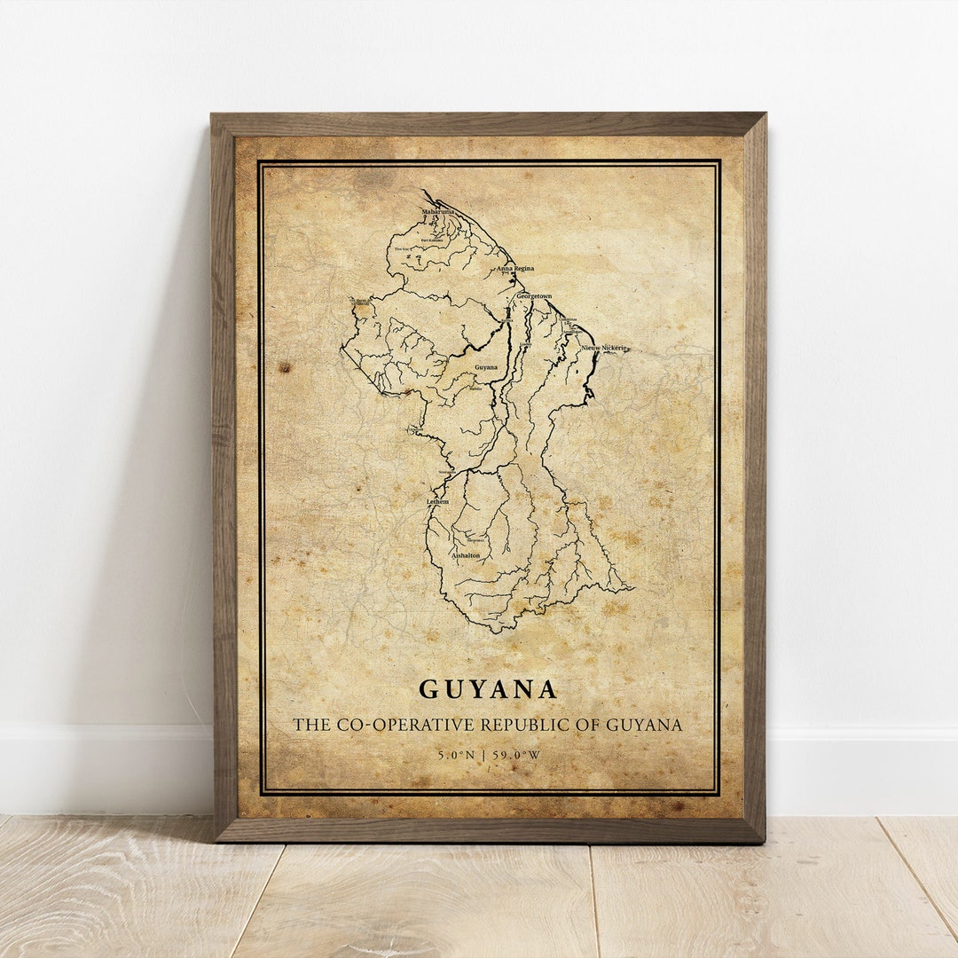 Guyana Vintage Map Poster Print, Country Street Road Map Wall Art ...