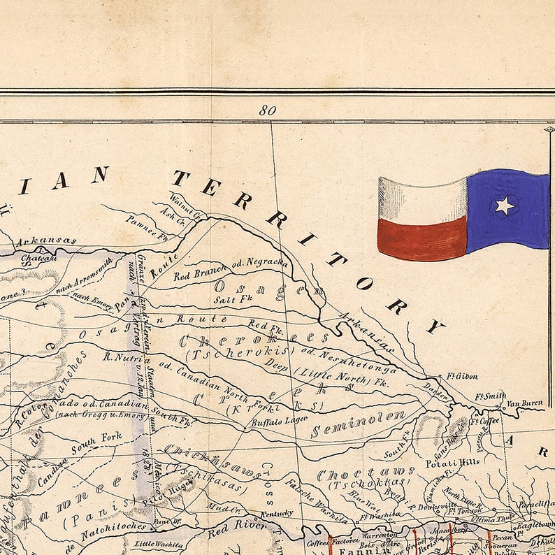 1849 Texas Map Print: Antique German Baedeker Lone Star Flag Art - Etsy