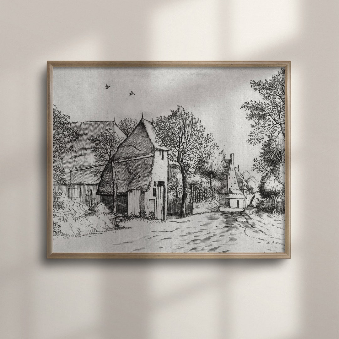 Vintage Landscape Sketch, Antique Village Etching, Cottage Core Home Decor, Rustic Wall Art, C16 ...