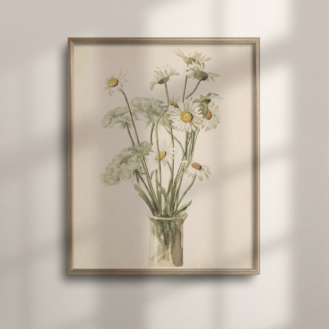 Botanical Daisy Watercolor Art Print: Vintage Farmhouse Decor - Etsy