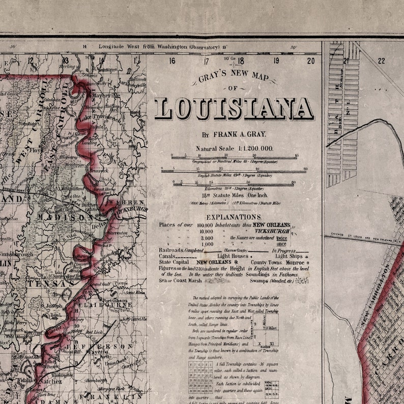 Vintage Louisiana Map Print: 19th Century State Wall Art - Etsy