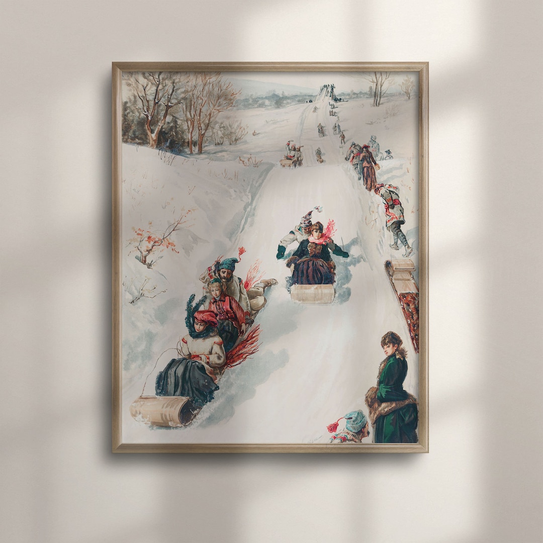 Antique Christmas Sledding Scene, Vintage Holiday Wall Art, Festive ...