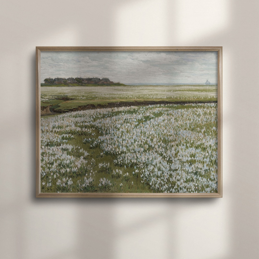 Vintage Spring Landscape Oil Painting, Meadow and Plains Wall Art ...