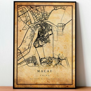 Macau Vintage Map Poster Wall Art | City Artwork Print | Antique ...