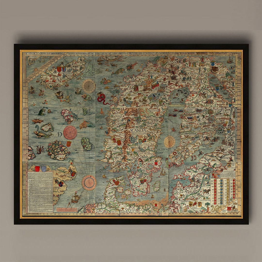 Olaus Magnus Scandinavia Map Print: 1539 Carta Marina Antique Reprint ...