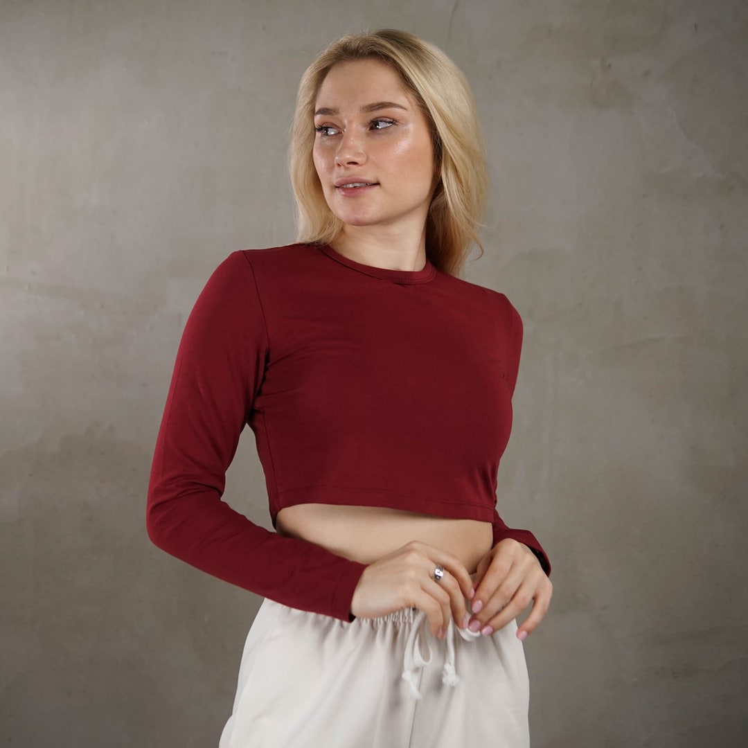 Burgundy Long Sleeve Top Women Crop Top Dark Red Cropped - Etsy