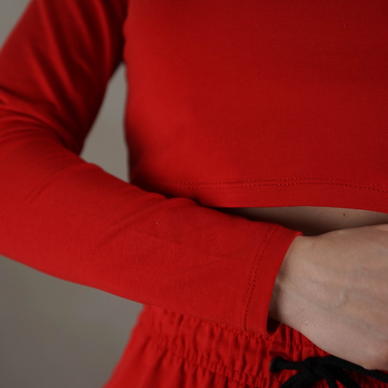 Red Long Sleeve Crop Top, Cotton Cropped Shirt, Women Comfy Top - Etsy