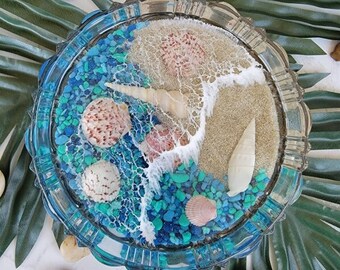 Glass Epoxy Resin Waves 8 Ocean Island Trinket Jewelry Dish With Real ...