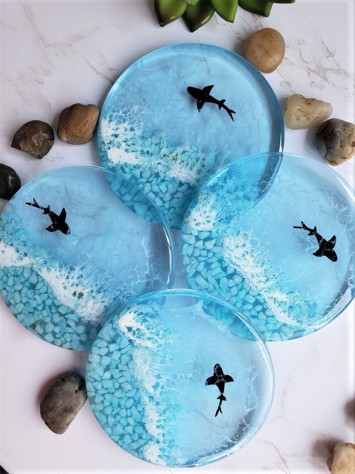 Drink & Barware Shark Wave Coasters Hand Painted Epoxy Resin Blue Rocks ...