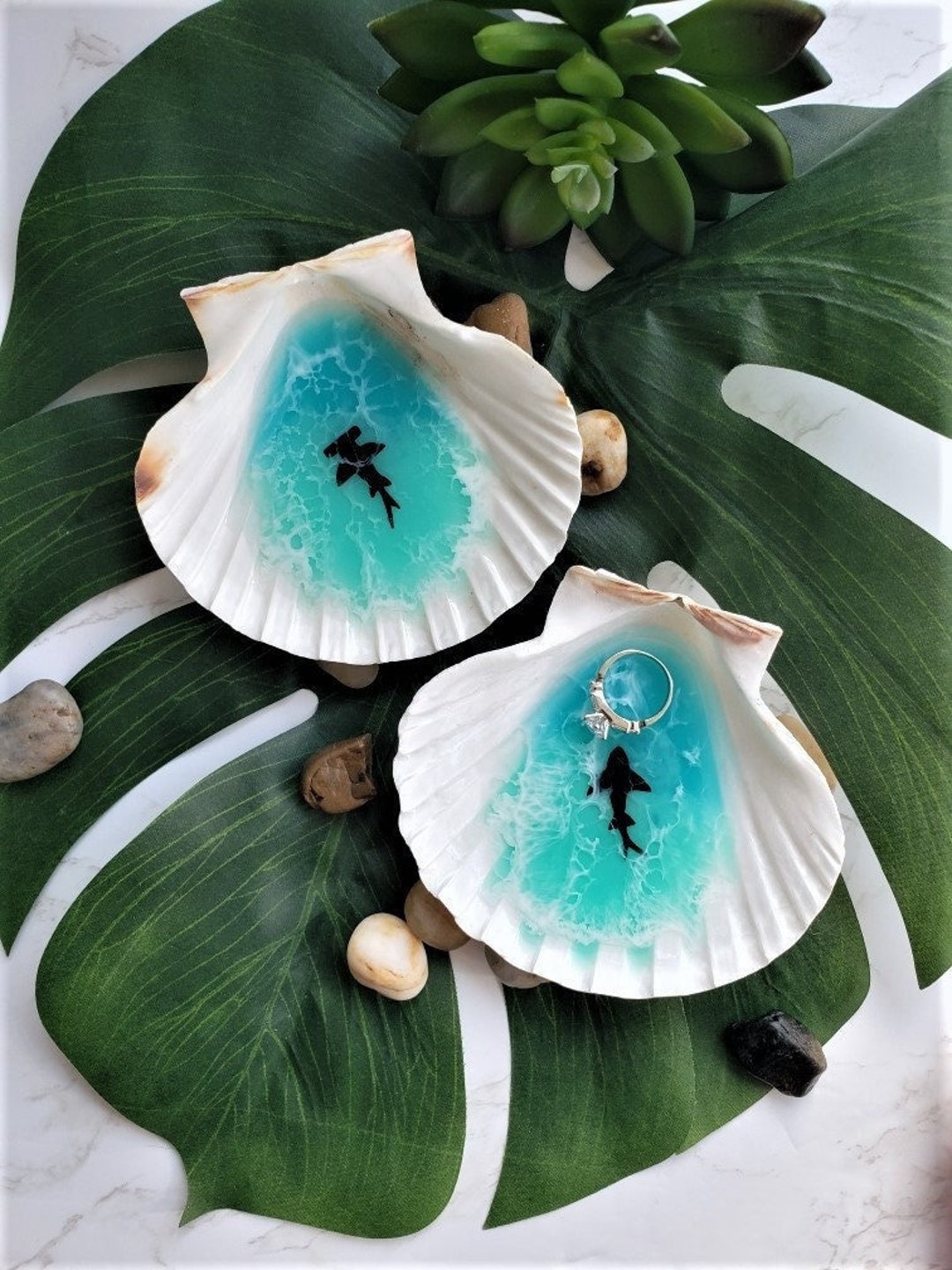 Large Ocean Resin Shell Ring Dish Hand Drawn Great White or Hammerhead ...