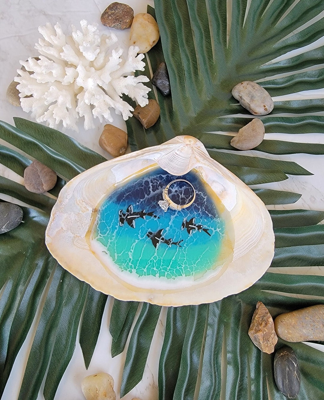 XXL Large Ocean Resin Clam Shell Ring Dish Hand Drawn Great - Etsy