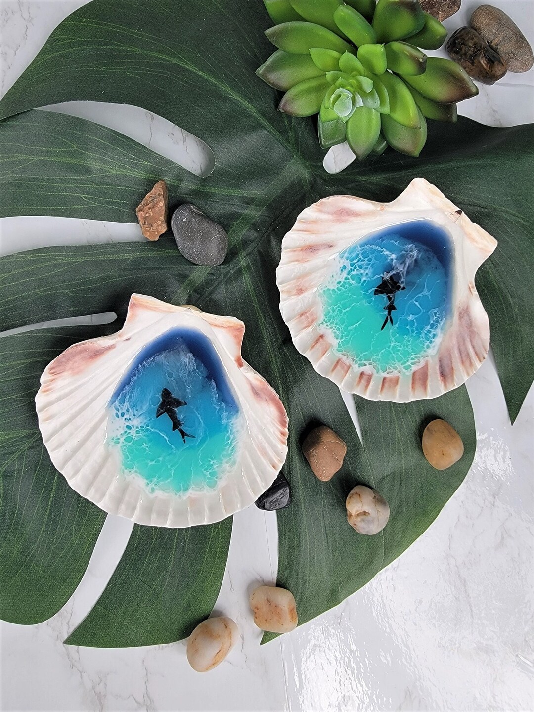 Large Ocean Resin Scallop Shell Ring Dish Hand Drawn Great - Etsy