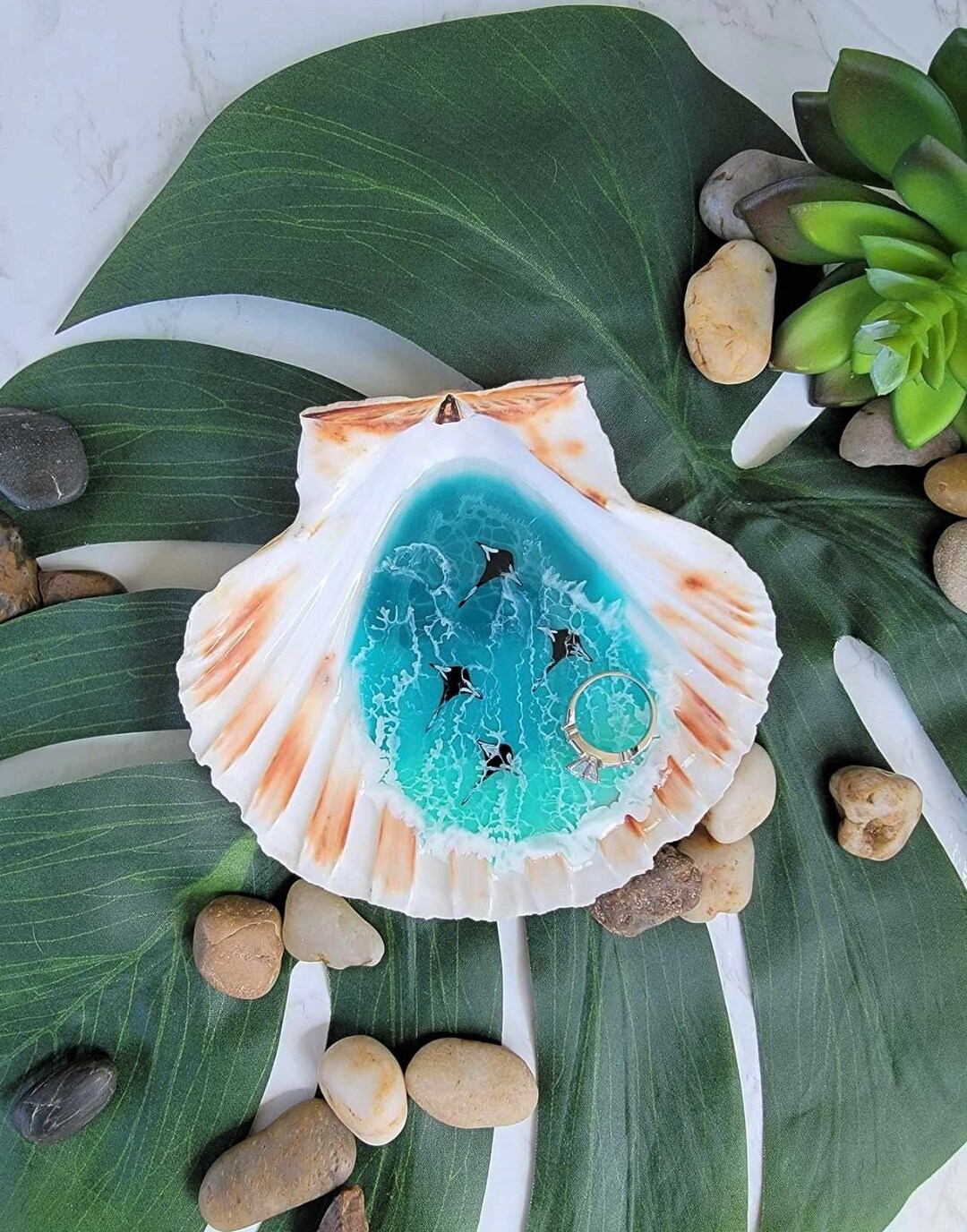 XL Stingray Ocean Resin Shell Ring Dish Ring Holder Trinket Dish Waves ...