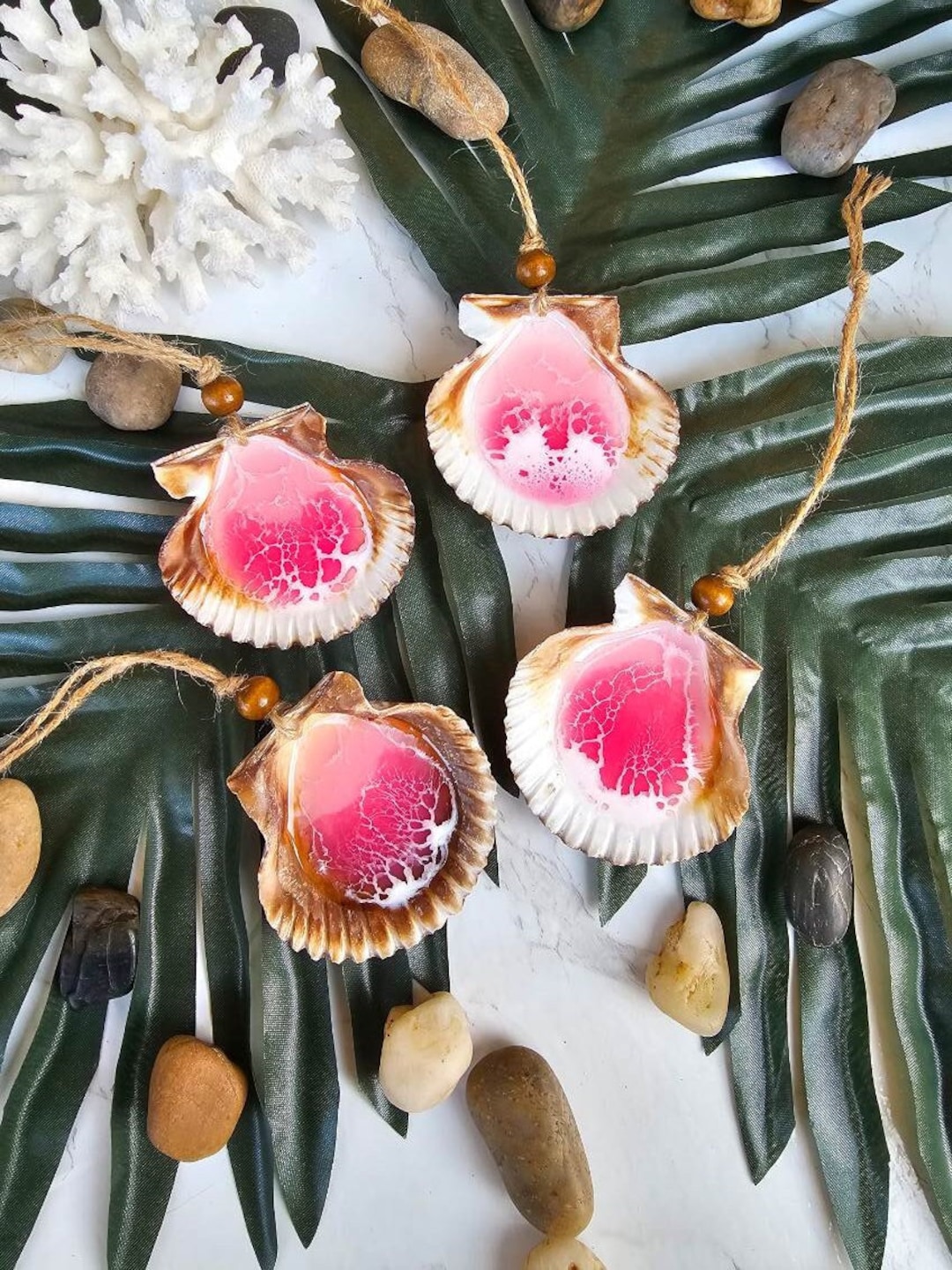 Ocean Resin Calico Scallop Shell Ornament Waves Beach Epoxy Handmade ...