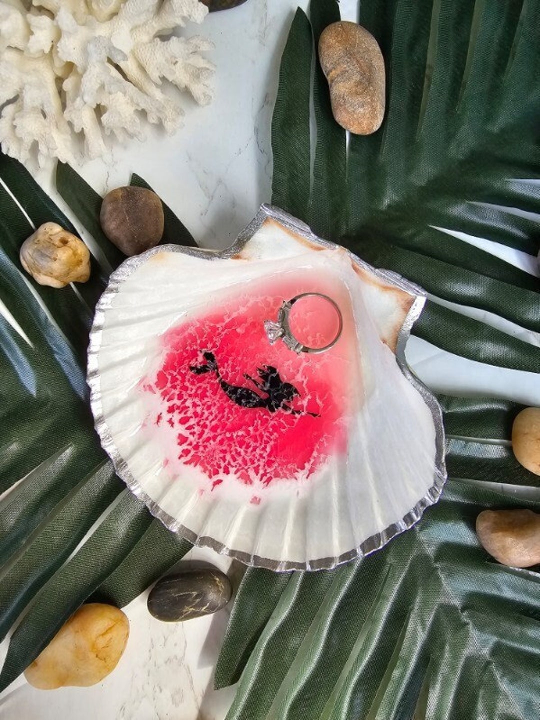 Large Ocean Epoxy Resin Shell Ring Dish Gold Rimmed Mermaid Ring Holder ...