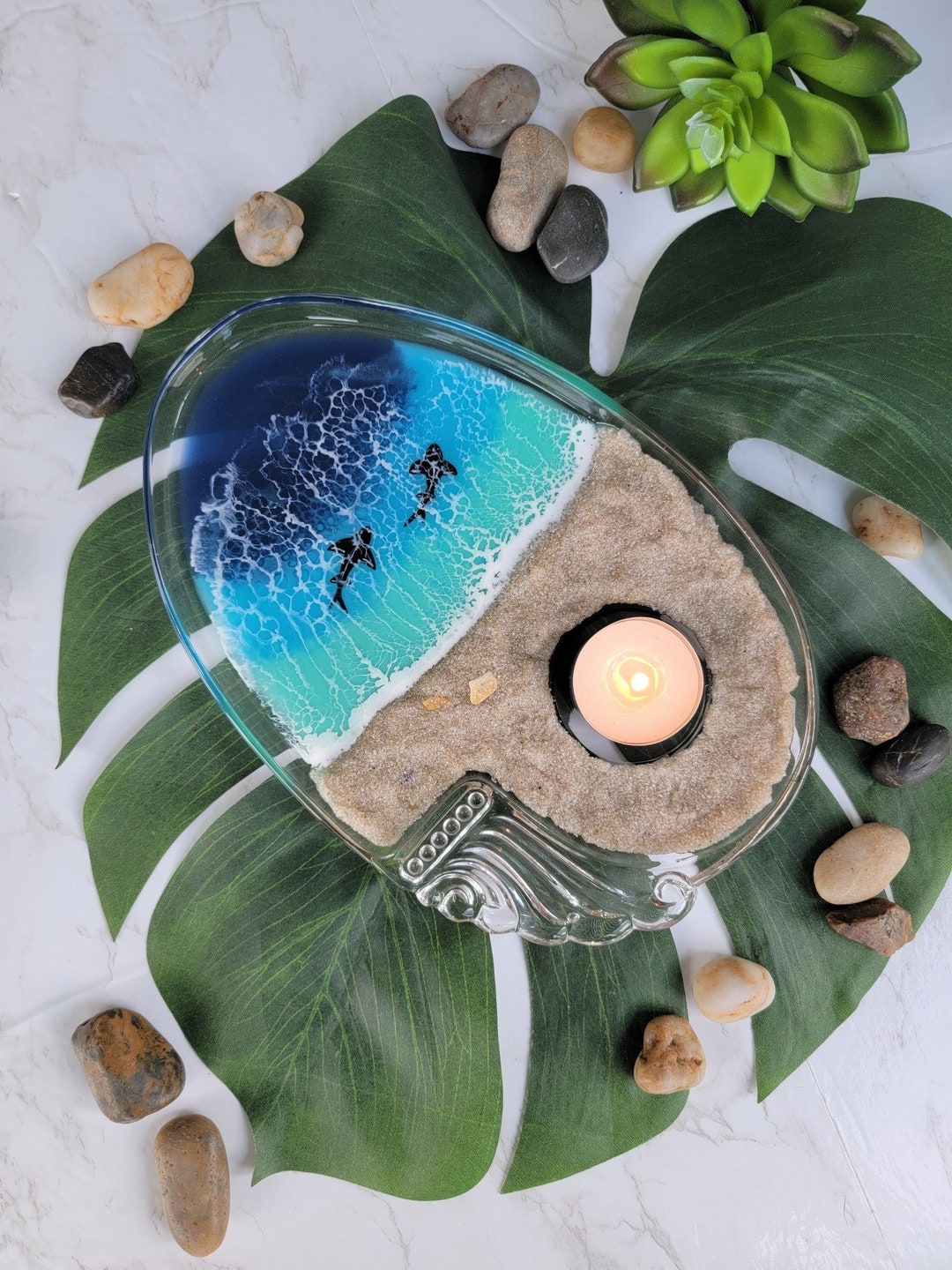 Glass Epoxy Resin Waves Tea Light Holder Jewelry Trinket Dish With Real ...