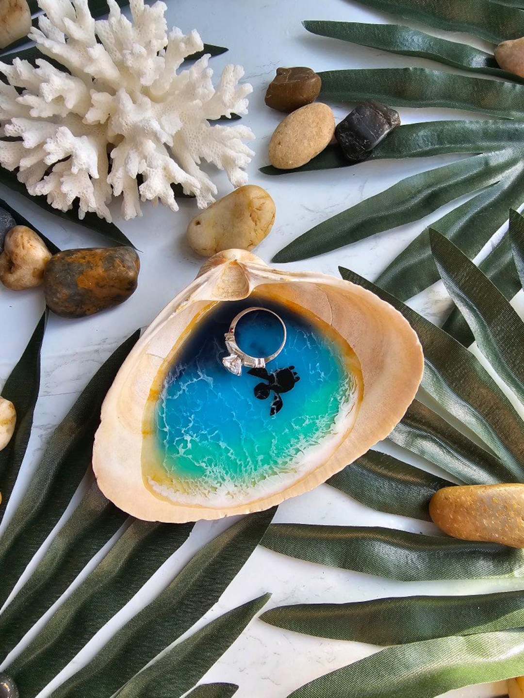 Ocean Resin Clam Perfectly Imperfect (SEE DESCRIPTION) Turtle Shell Ring Dish Trinket Dish Waves ...