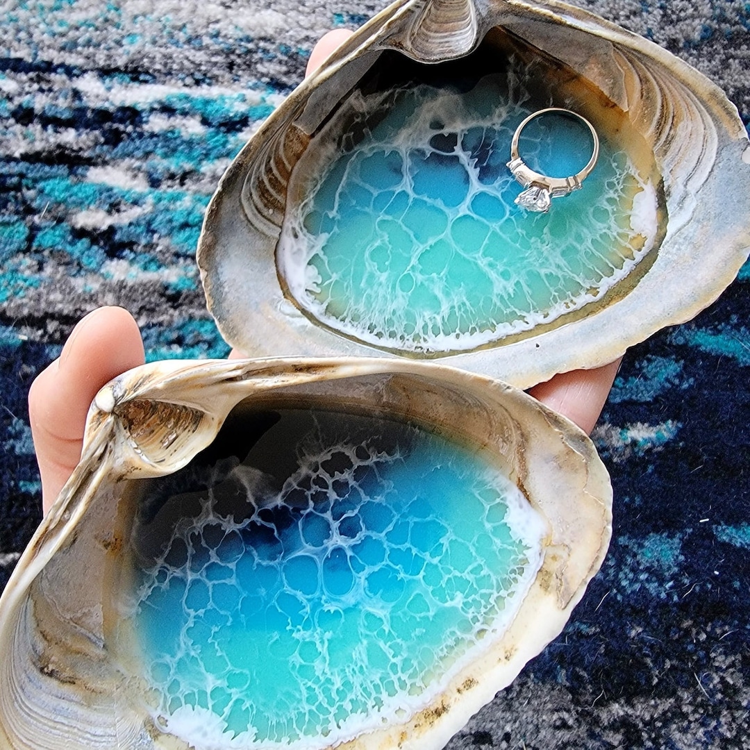 Ocean Resin Shell Ring Dish Trinket Dish Waves Beach Epoxy Handmade ...