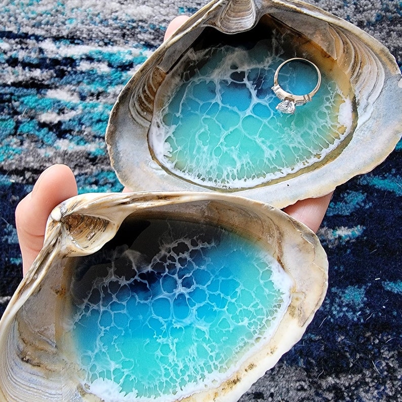 Ocean Resin Shell Ring Dish Trinket Dish Waves Beach Epoxy Handmade ...
