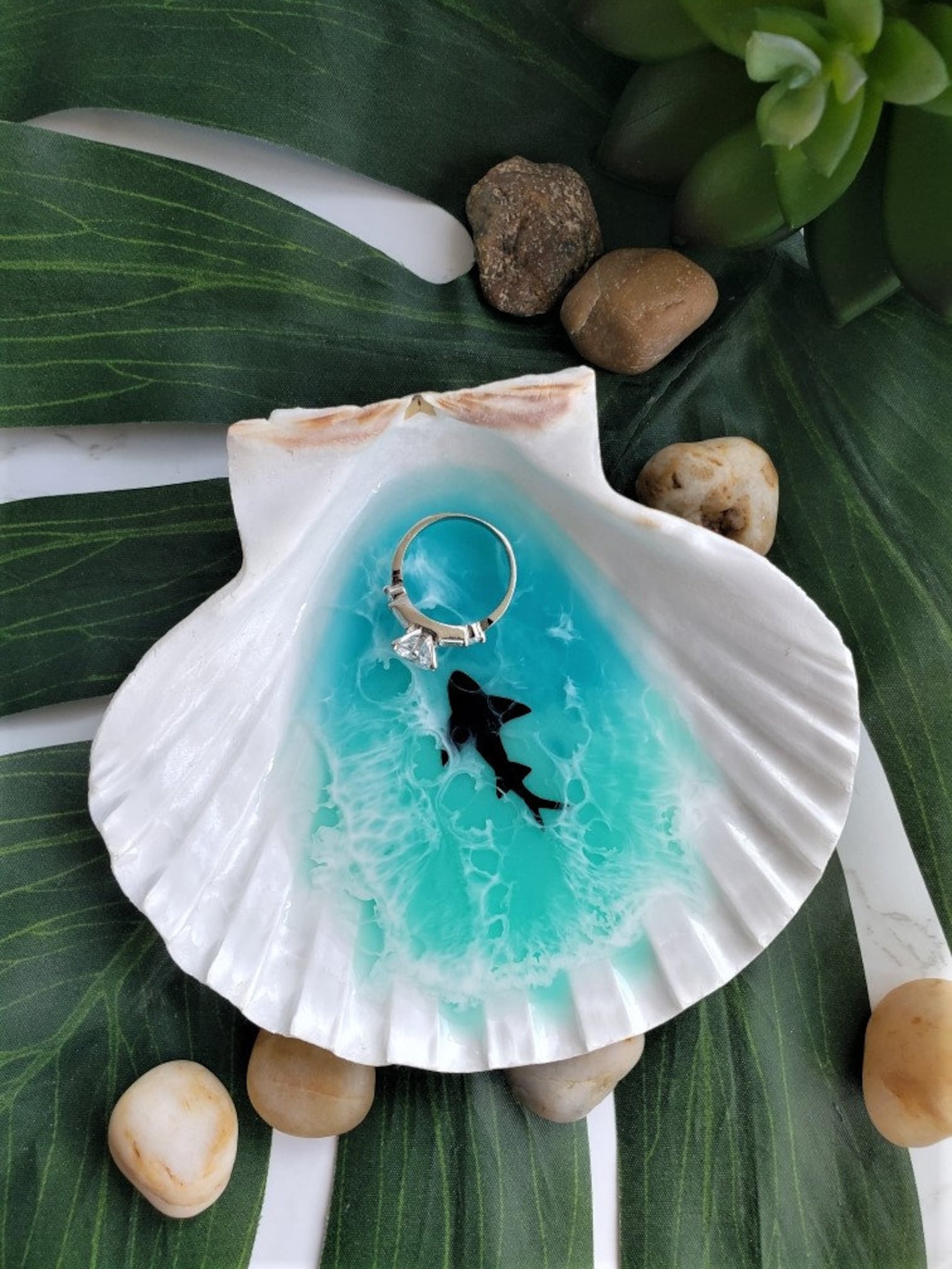 Large Ocean Resin Shell Ring Dish Hand Drawn Great White or | Etsy