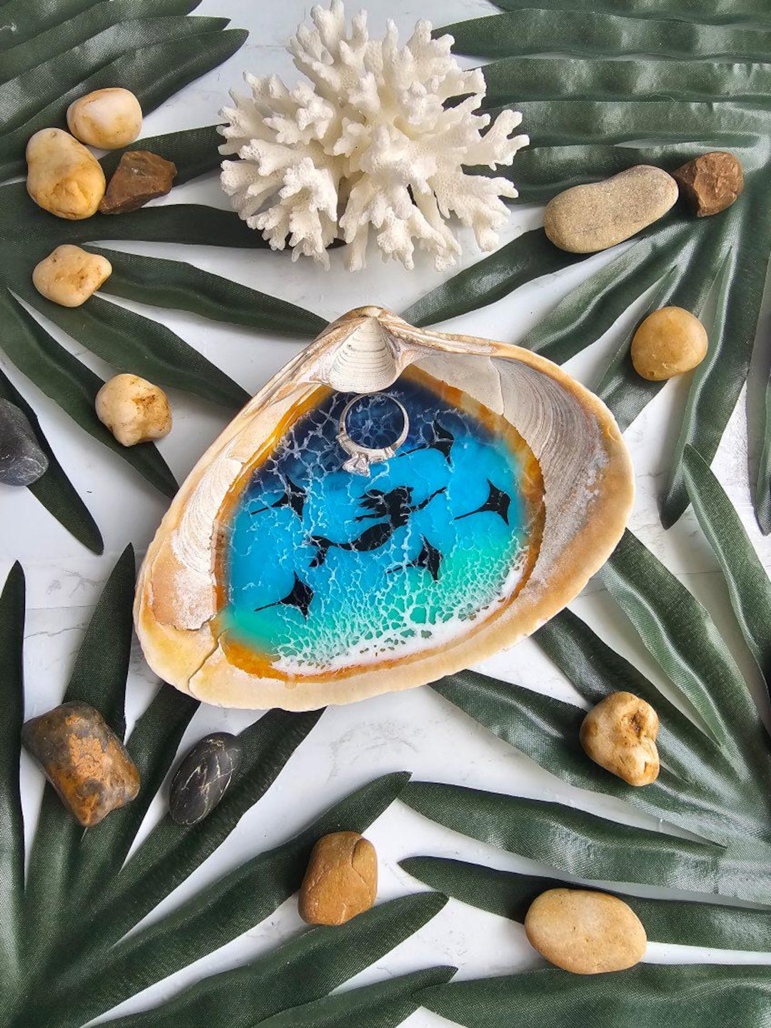 XXL Large Ocean Epoxy Resin Clam Mermaid Stingray Shell Ring Dish ...
