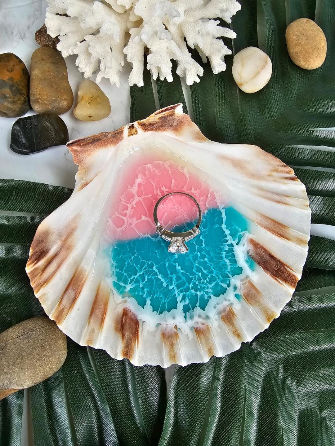 Large Ocean Resin Scallop Shell Ring Dish Trinket Dish Turquoise and ...