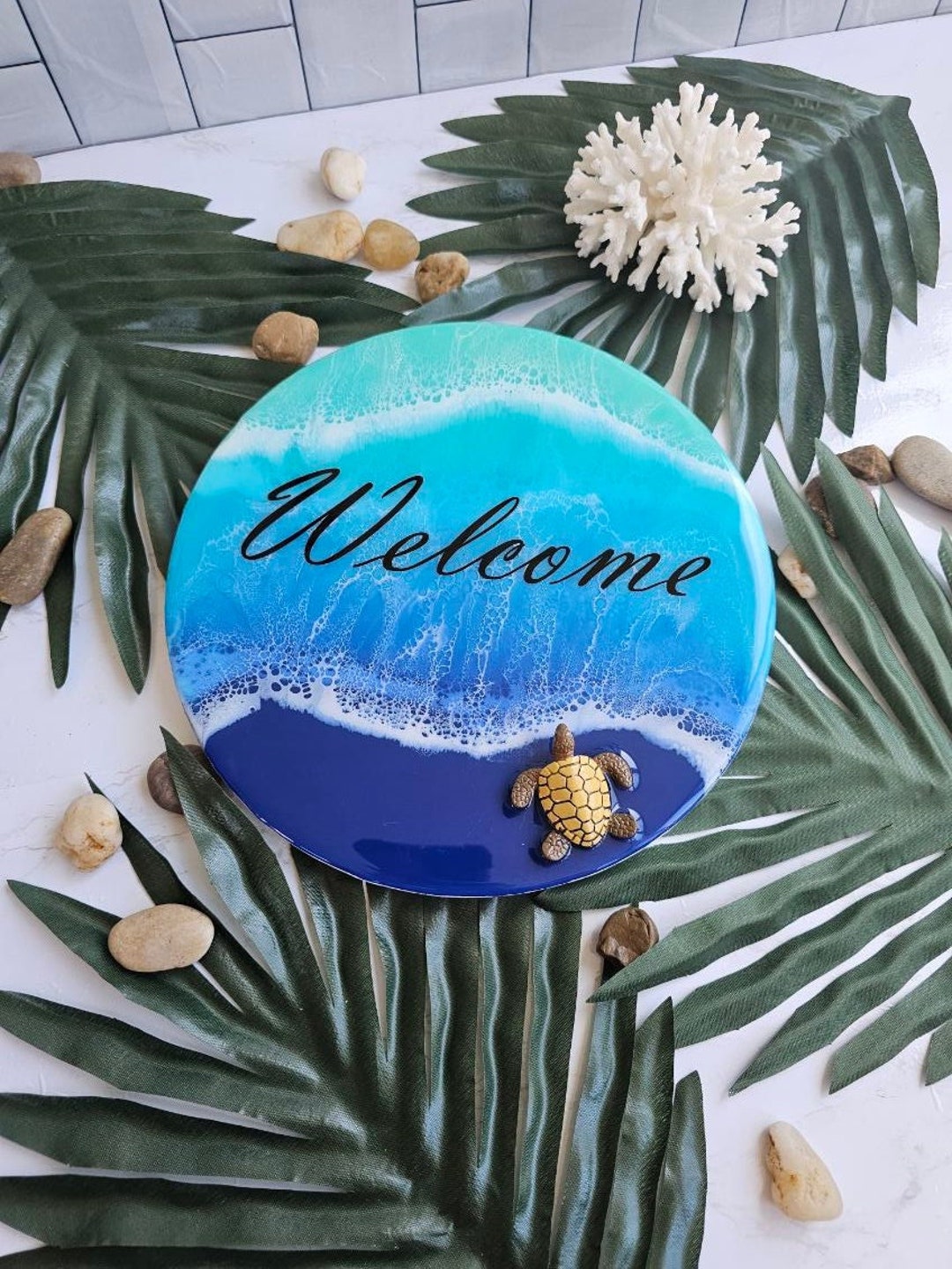 Epoxy Resin Welcome Sign Waves Beach Wall Hanging Wooden Circle Ocean ...
