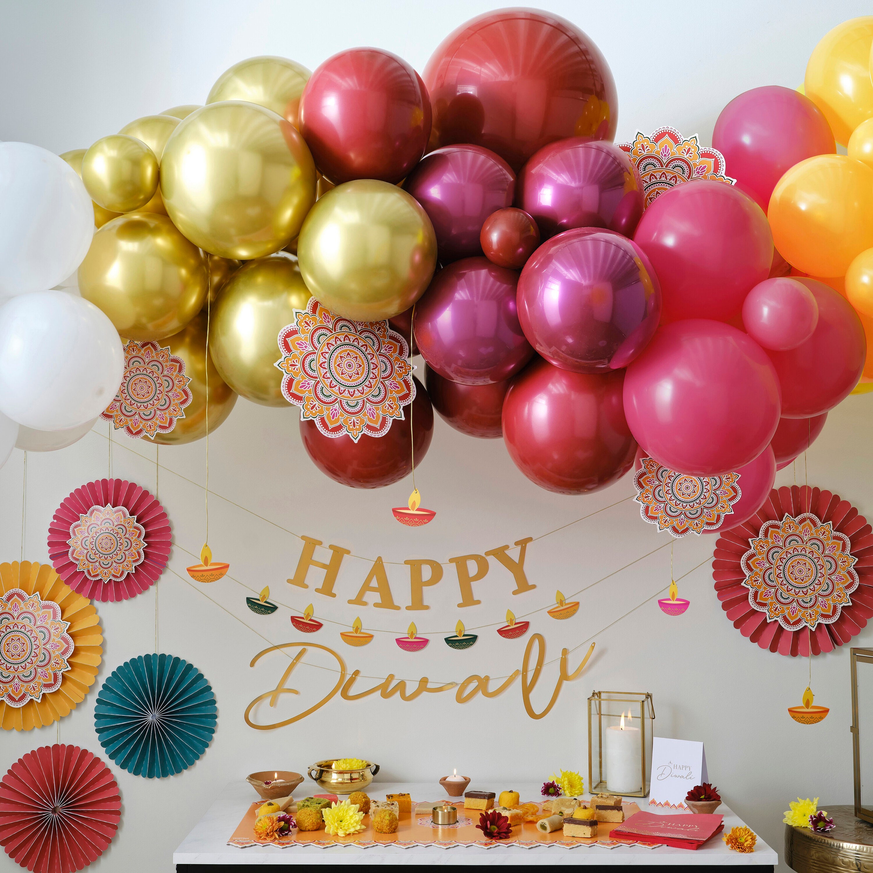 Diwali Balloon Arch Kit With Fans and Tealight Card Decorations, Diwali ...