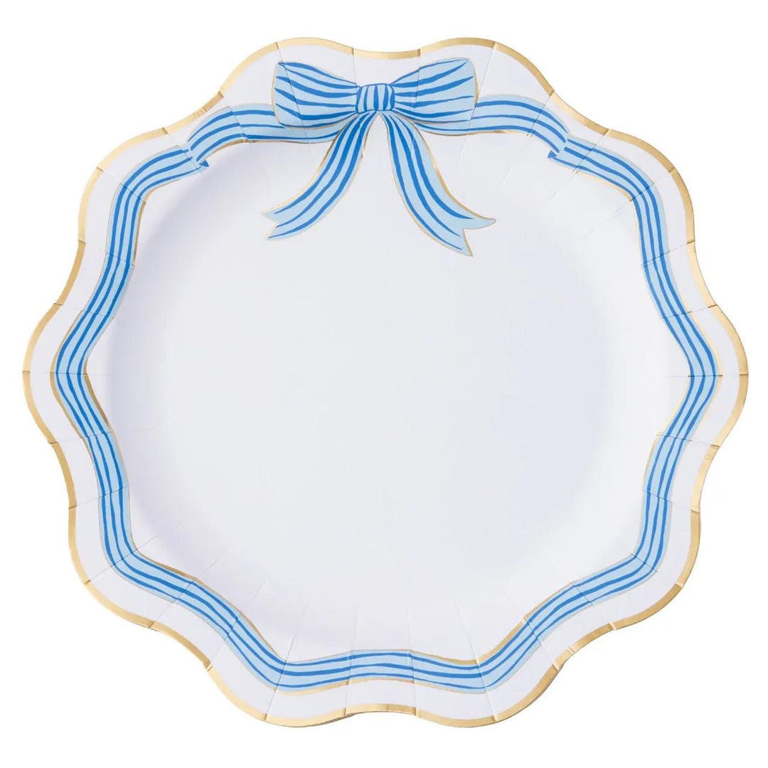 Elegant Blue & Gold Bow Party Plates X 8, Bow Party Plates, Scallop ...