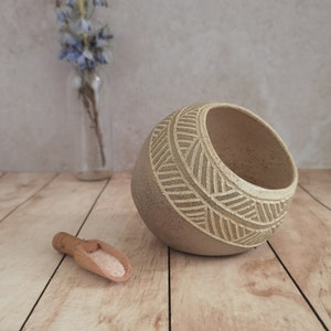 Pottery Salt Cellar & Wood Spoon, Ceramic Salt Keeper, Stoneware Salt ...
