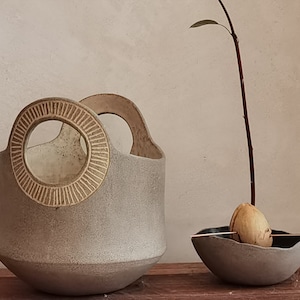 Handmade Ceramic Flower Vase: Light Brown Pottery With Engraved Handles ...