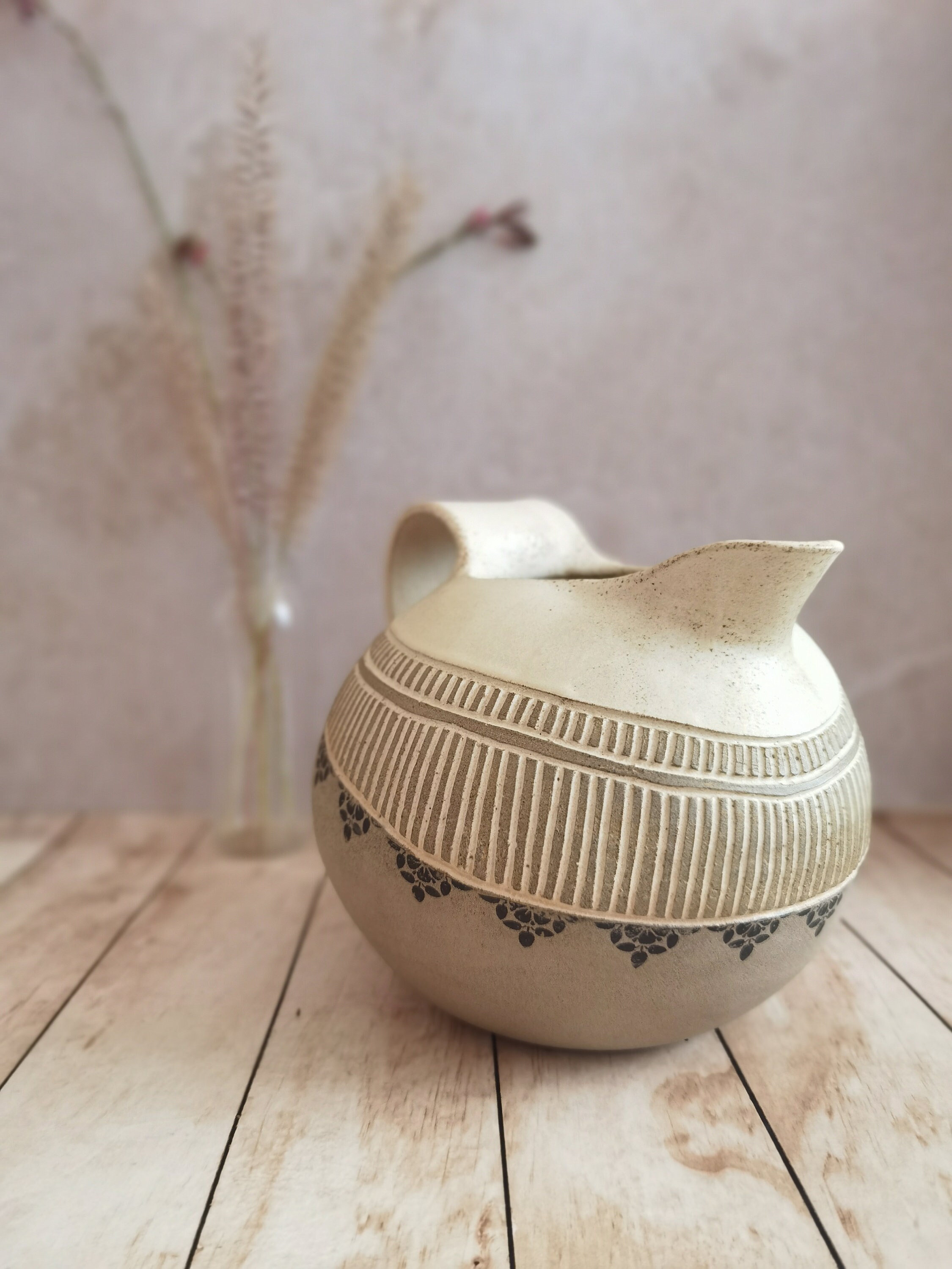 Hand Engraved Ceramic Pitcher: Beige Pottery Drinkware - Etsy