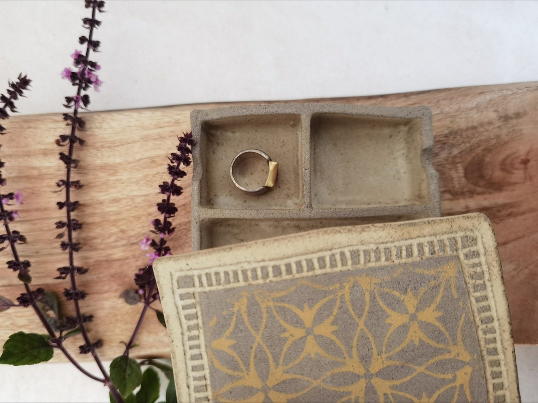 Square Ceramic Box | Decorated With Yellow Print and Beige Glaze ...